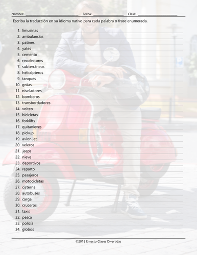 Transportation and Vehicles Translating Spanish Worksheet | Teaching ...