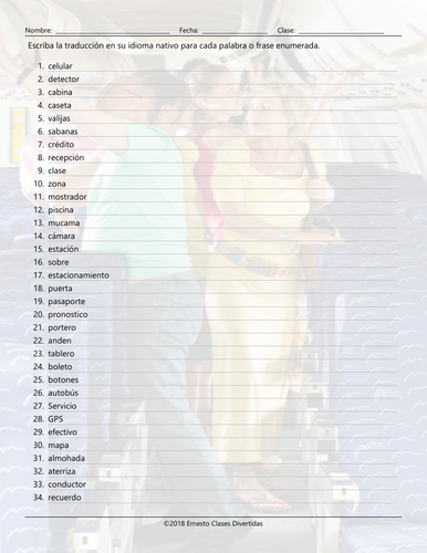 Travel Items and Modes Translating Spanish Worksheet | Teaching Resources