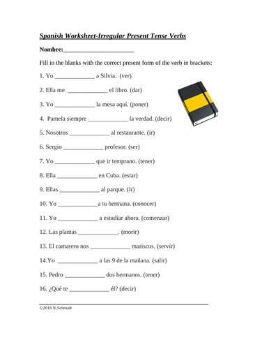 Spanish Present Tense Irregular Verbs Worksheet: El Presente (SUB PLAN ...
