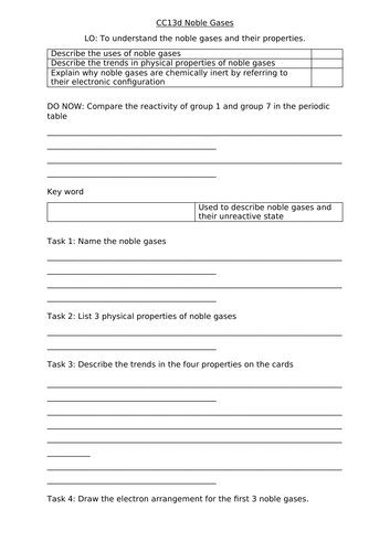 CC13d Noble Gases worksheet | Teaching Resources