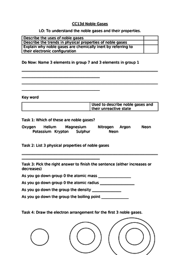 CC13d Noble Gases worksheet | Teaching Resources