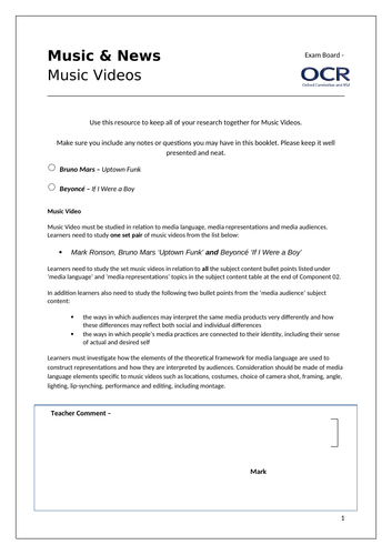 OCR J200/02 Media Studies 9-1 - Music Video Work Booklet | Teaching ...