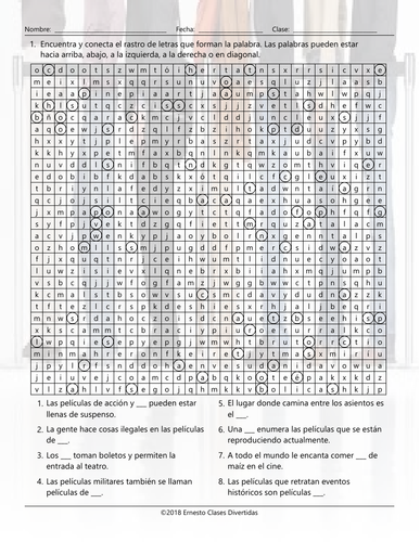 Movie Things and Genres Wacky Trails Spanish Worksheet | Teaching Resources