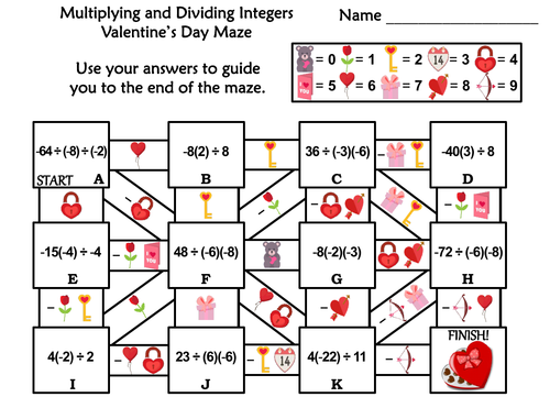 Multiplying and Dividing Integers Activity: Valentine's Day Math Maze ...