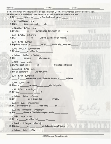 American versus Mexican Holidays Missing Words Spanish Worksheet ...