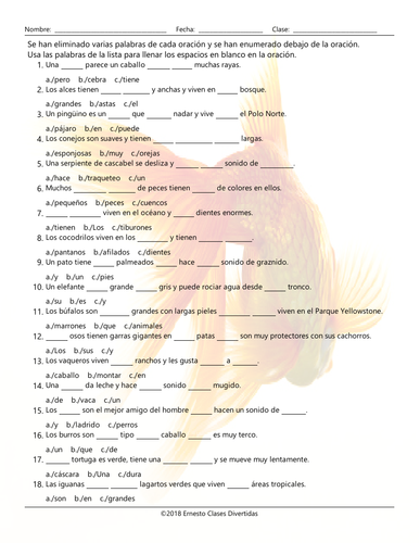 Animals Missing Words Spanish Worksheet | Teaching Resources