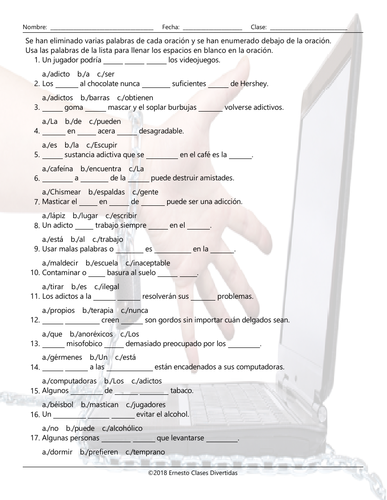 Bad Habits and Addictions Missing Words Spanish Worksheet | Teaching ...