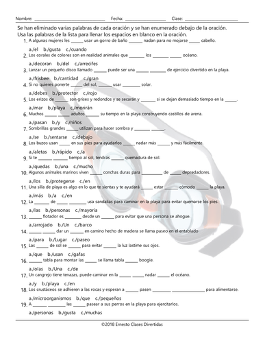 Beach Things and Activities Missing Words Spanish Worksheet | Teaching ...