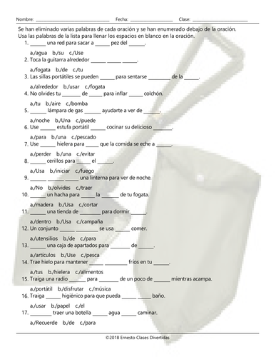 Camping Things and Activities Missing Words Spanish Worksheet ...