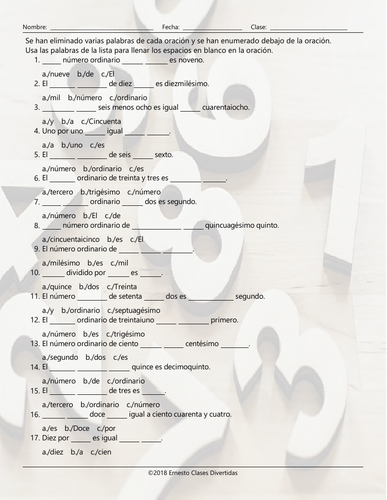 Cardinal and Ordinal Numbers Missing Words Spanish Worksheet | Teaching ...