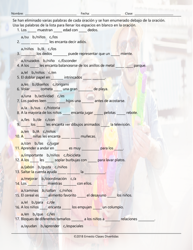 Childhood Activities Missing Words Spanish Worksheet | Teaching Resources