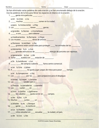 City versus Country Statements Missing Words Spanish Worksheet ...