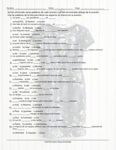 Clothing Items Missing Words Spanish Worksheet | Teaching Resources