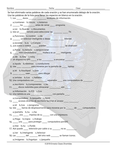 Computer Technology Missing Words Spanish Worksheet | Teaching Resources