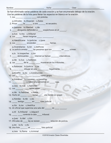 Crime, Law Enforcement, and Courts Missing Words Spanish Worksheet ...