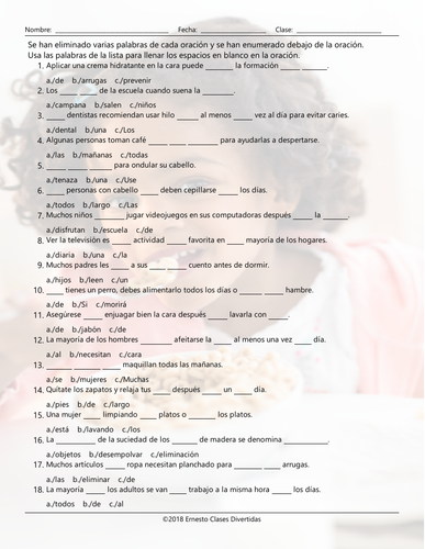 Daily Activities Missing Words Spanish Worksheet | Teaching Resources