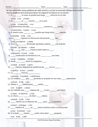 Doctor's, Illnesses and Injuries Missing Words Spanish Worksheet ...