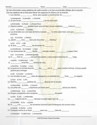 Food Items Missing Words Spanish Worksheet | Teaching Resources