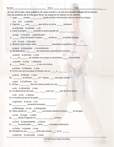 Free Time and Hobbies Missing Words Spanish Worksheet | Teaching Resources