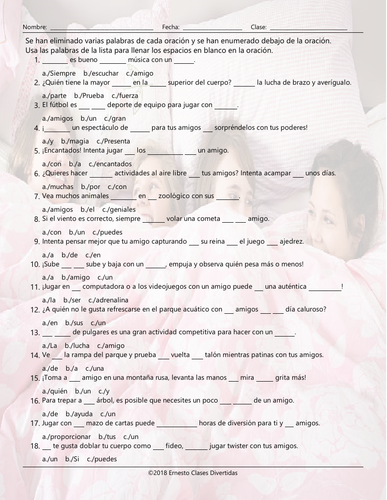 Friendship Activities Missing Words Spanish Worksheet | Teaching Resources