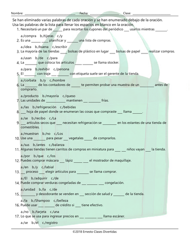Grocery Shopping Missing Words Spanish Worksheet | Teaching Resources