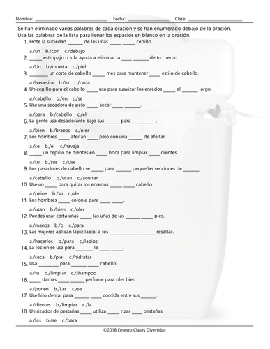 Health and Personal Hygiene Missing Words Spanish Worksheet | Teaching ...