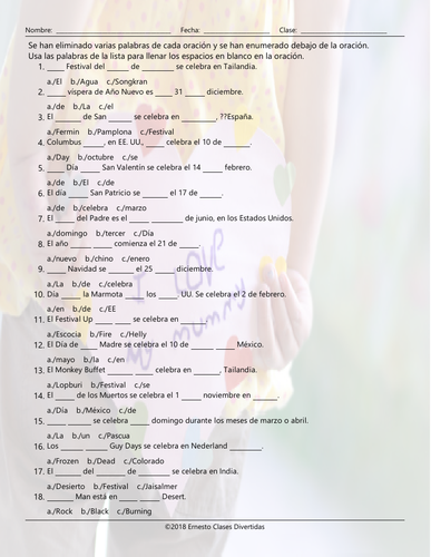 Holidays and Festivals Around the World Missing Words Spanish Worksheet ...