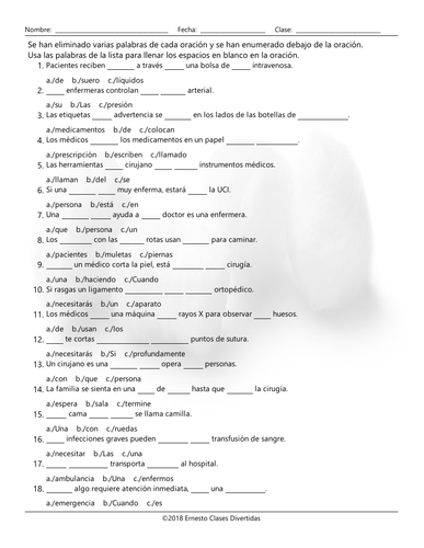 Hospitals and Injuries Missing Words Spanish Worksheet | Teaching Resources