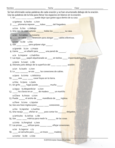 House Repairs, Tools, and Supplies Missing Words Spanish Worksheet ...