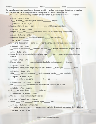 Household Chores and Cleaning Supplies Missing Words Spanish Worksheet ...