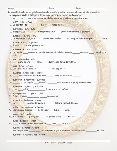 Houses, Rooms, Furniture and Appliances Missing Words Spanish Worksheet ...