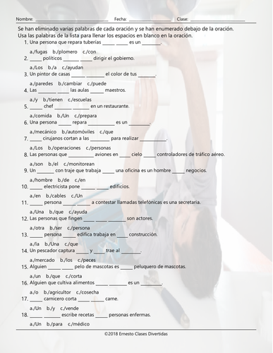 Jobs and Professions Missing Words Spanish Worksheet | Teaching Resources