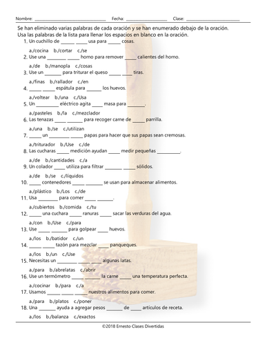 Kitchen Cookware and Utensils Missing Words Spanish Worksheet ...