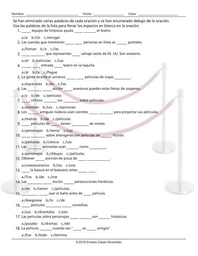 Movie Things and Genres Missing Words Spanish Worksheet | Teaching ...