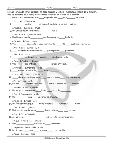 Natural Disasters and Emergencies Missing Words Spanish Worksheet ...