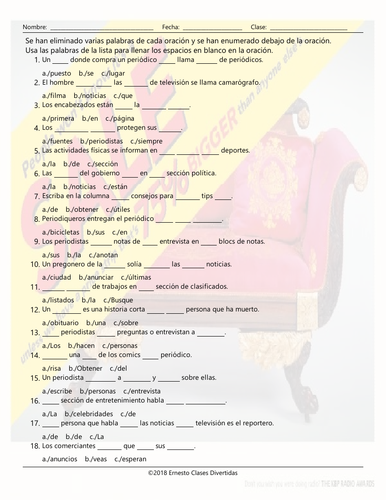 News Media Missing Words Spanish Worksheet | Teaching Resources