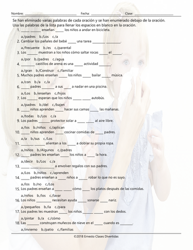 Parenting Activities Missing Words Spanish Worksheet | Teaching Resources