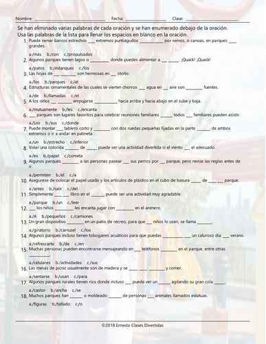 Park Things and Activities Missing Words Spanish Worksheet | Teaching ...
