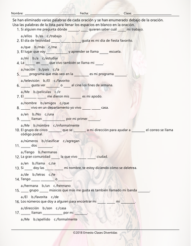 Personal Information Missing Words Spanish Worksheet | Teaching Resources