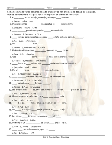 Pets and Pet Care Missing Words Spanish Worksheet | Teaching Resources