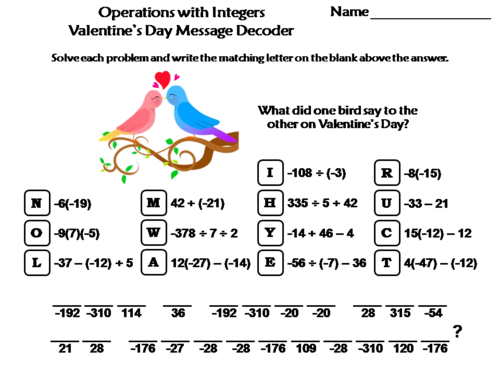 Operations with Integers Valentine's Day Math Activity: Message Decoder ...
