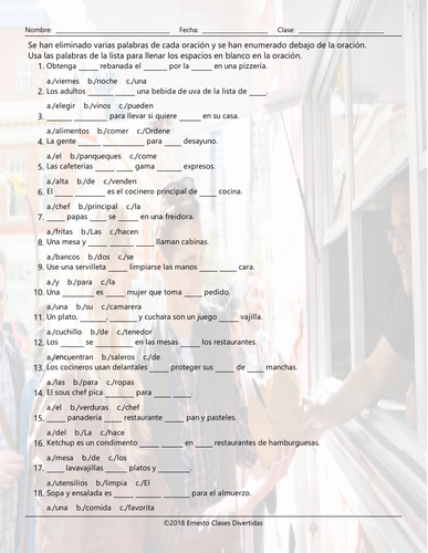Restaurant Things and Activities Missing Words Spanish Worksheet ...