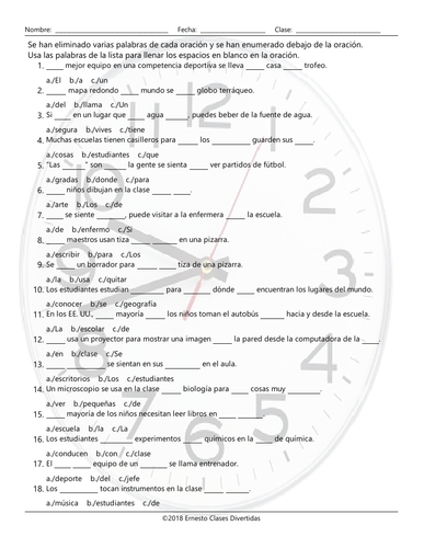 School Items, Places, and Subjects Missing Words Spanish Worksheet ...