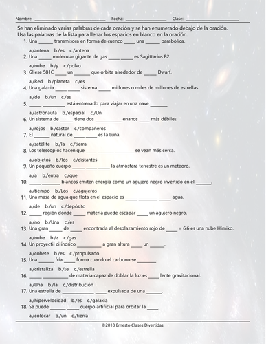 Space and Astronomy Missing Words Spanish Worksheet | Teaching Resources
