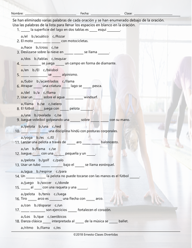 Sports and Exercise Missing Words Spanish Worksheet | Teaching Resources