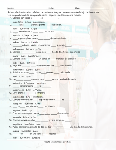 Stores and Shops Missing Words Spanish Worksheet | Teaching Resources