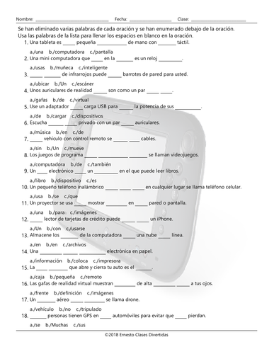 Technology and Gadgets Missing Words Spanish Worksheet | Teaching Resources