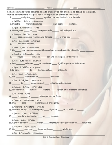 Telephones Missing Words Spanish Worksheet | Teaching Resources