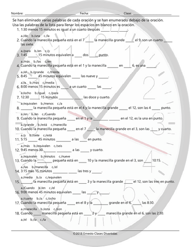 Telling Time Statements Missing Words Spanish Worksheet | Teaching ...