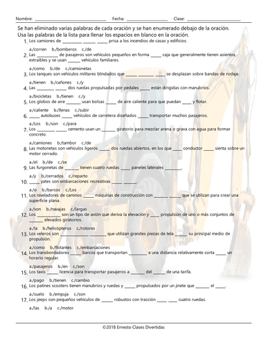 Transportation and Vehicles Missing Words Spanish Worksheet | Teaching ...